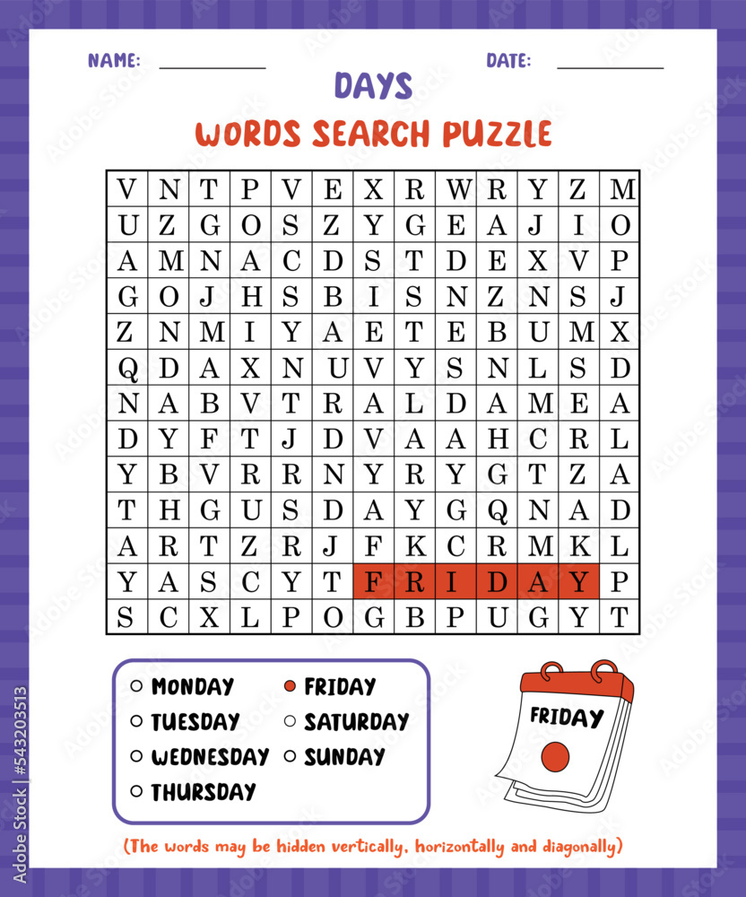 Word search game days word search puzzle worksheet for learning english ...