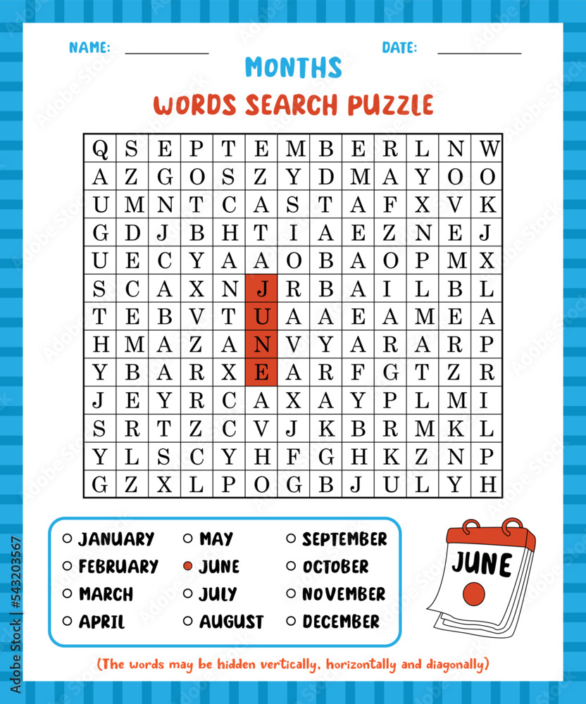 Word search game months word search puzzle worksheet for learning ...