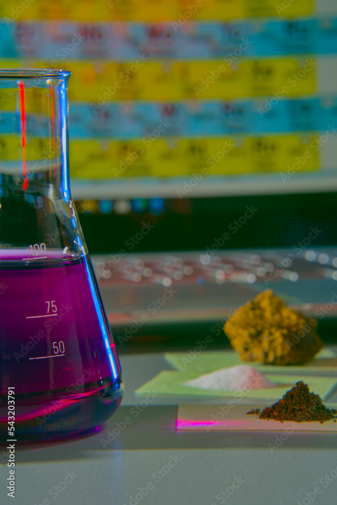 Chemistry lesson. A chemical laboratory with a flask, reagents and a ...