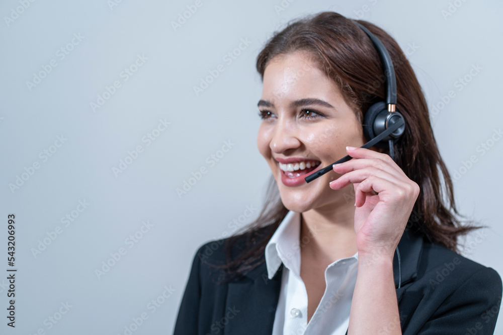 beautiful girl wearing headphones telemarketing professional handsfree ...