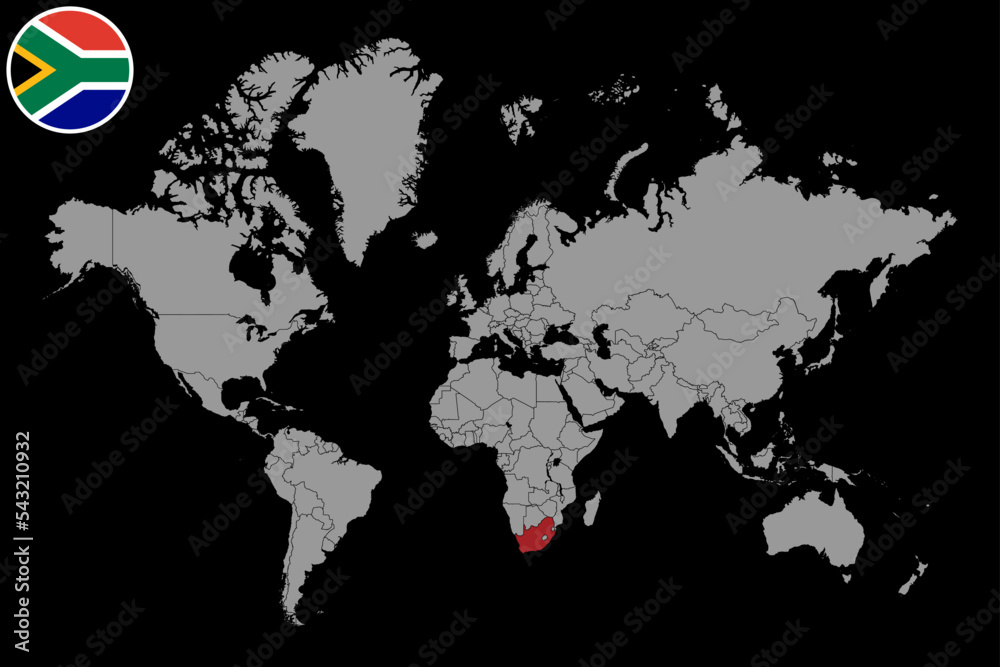 Pin map with South Africa flag on world map. Vector illustration. Stock ...