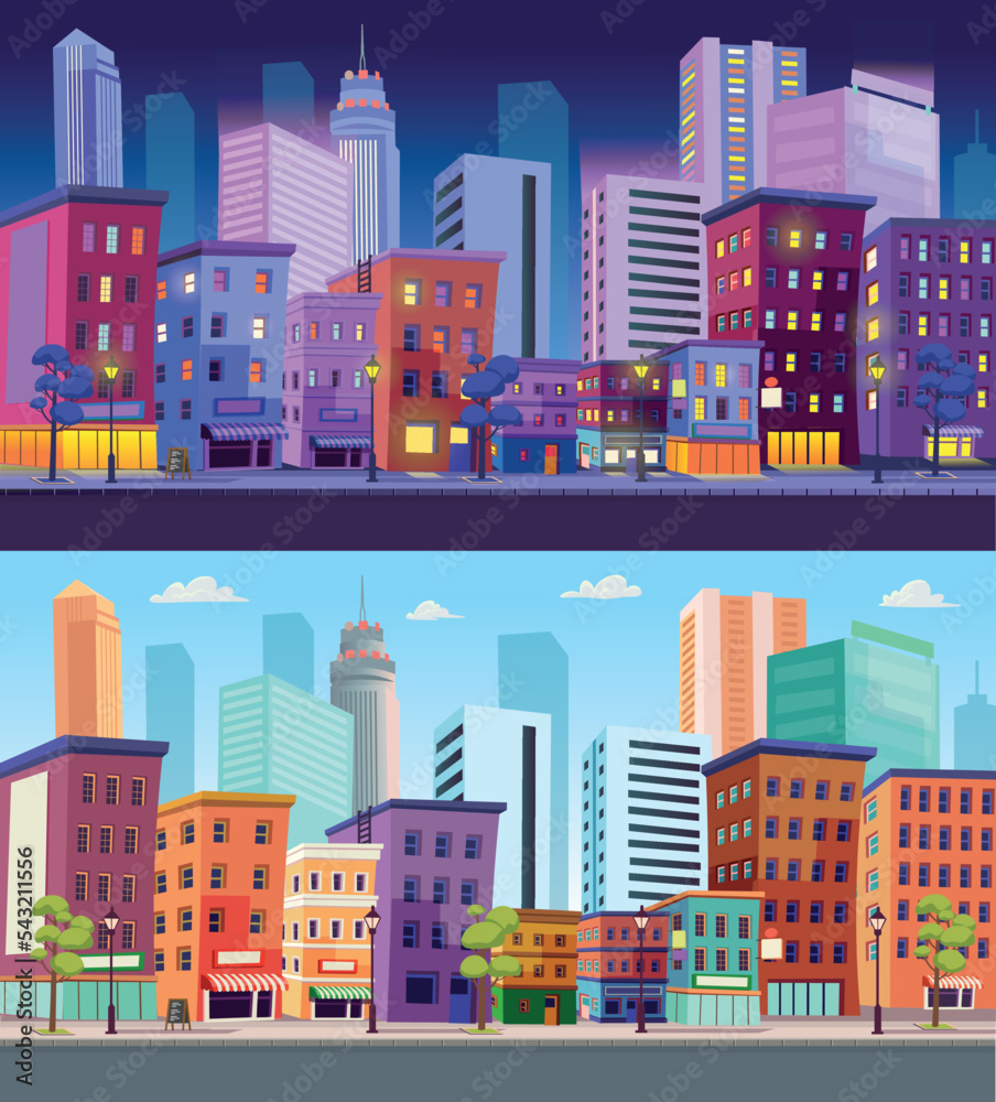 Panorama city building houses with shops and the road: boutique, cafe ...