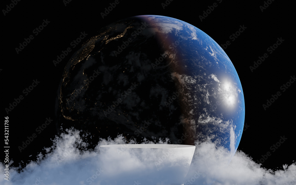 podium floating with smoke. Realistic sunrise over earth from space. Pedestal mockup space for ...