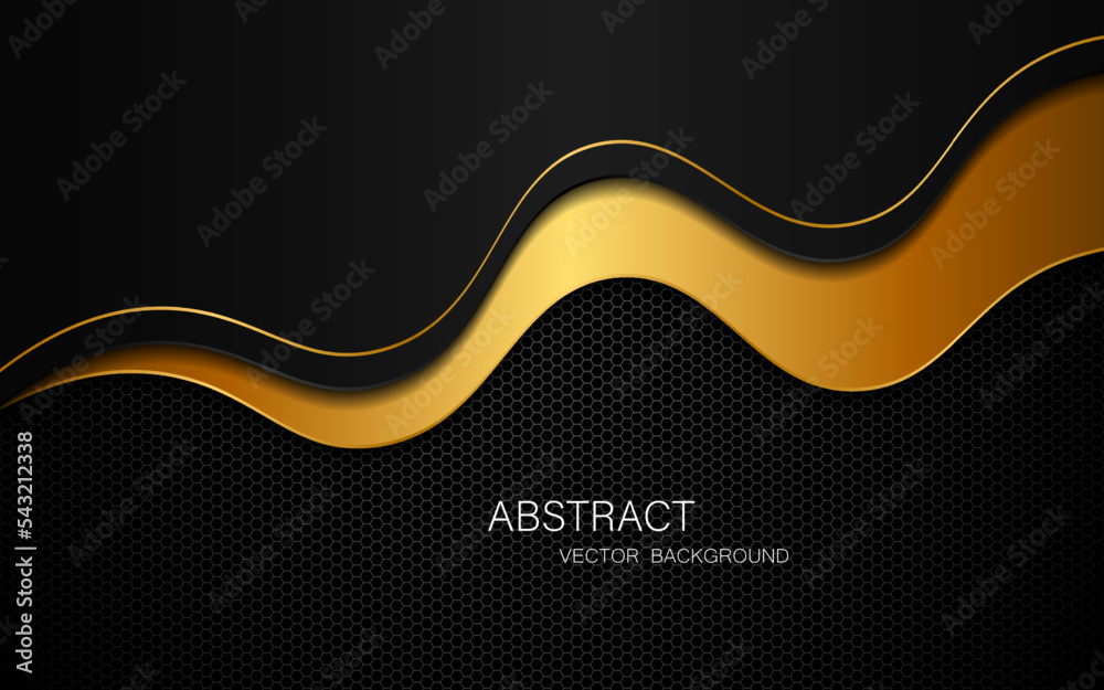 Abstract black and gold curves overlaid on dark steel mesh background ...