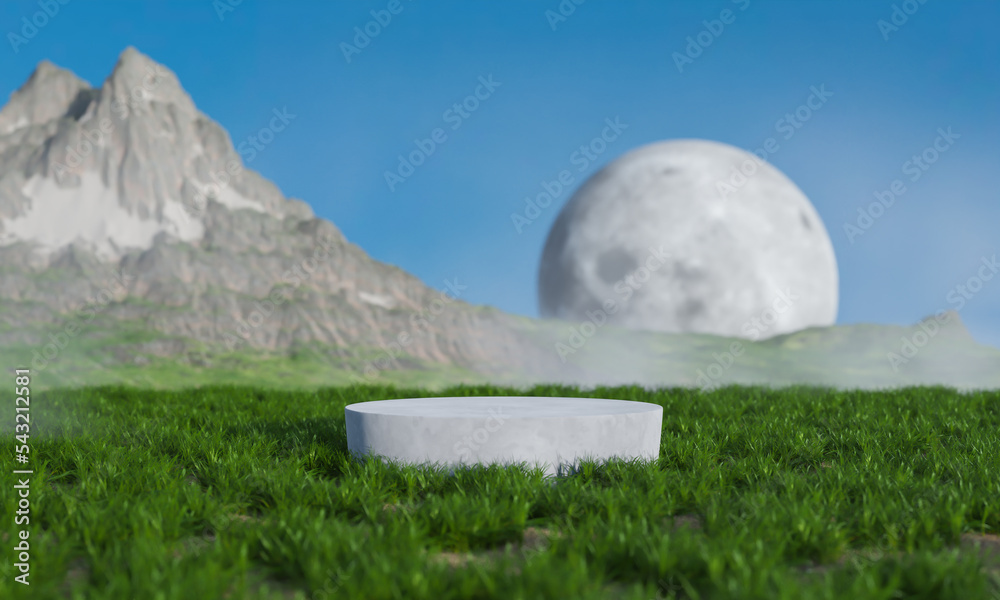 Abstract natural field scene with podium for product display and grass ...