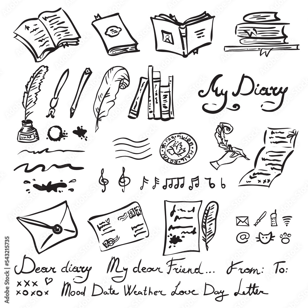 PNG transparent set of ink pen icons on writing, letters and reading ...