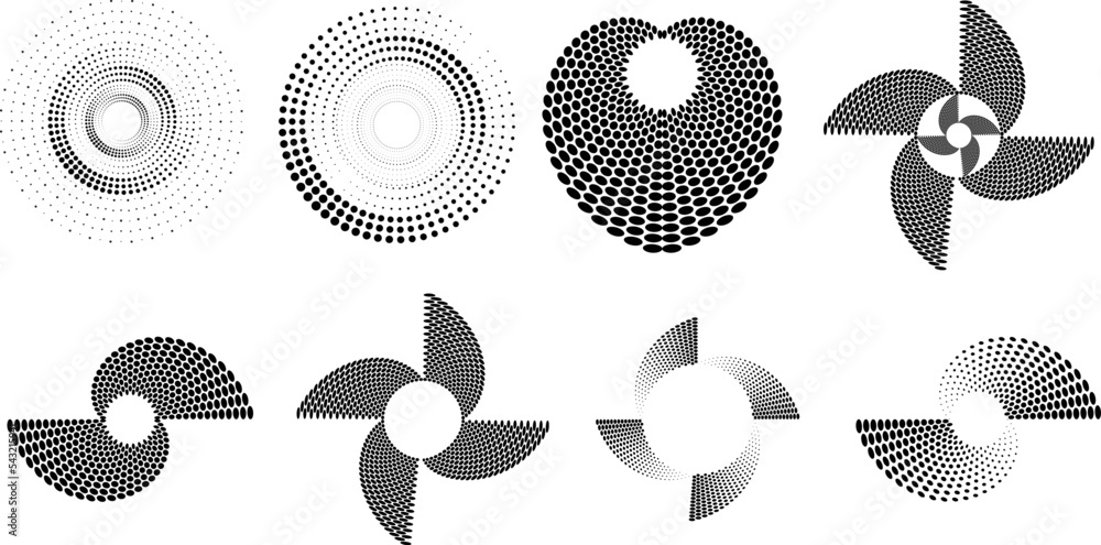 Design elements with circular halftone dots. Vector rotating dotted ...