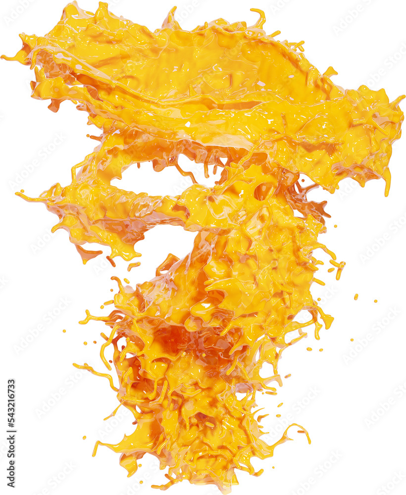 Tornado of orange juice, 3d Render. Realistic whirlpool of juice or ...