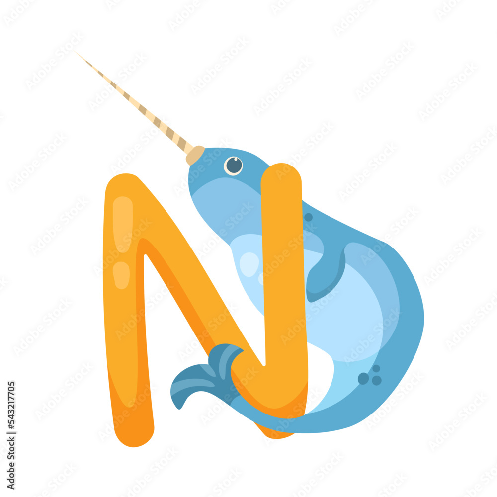 Narwhal character with alphabet letter n vector illustration. Cute ...