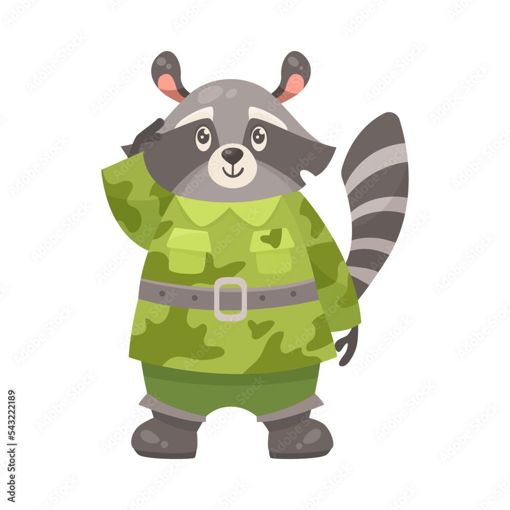 Cute raccoon character in camouflage cartoon illustration. Serious ...