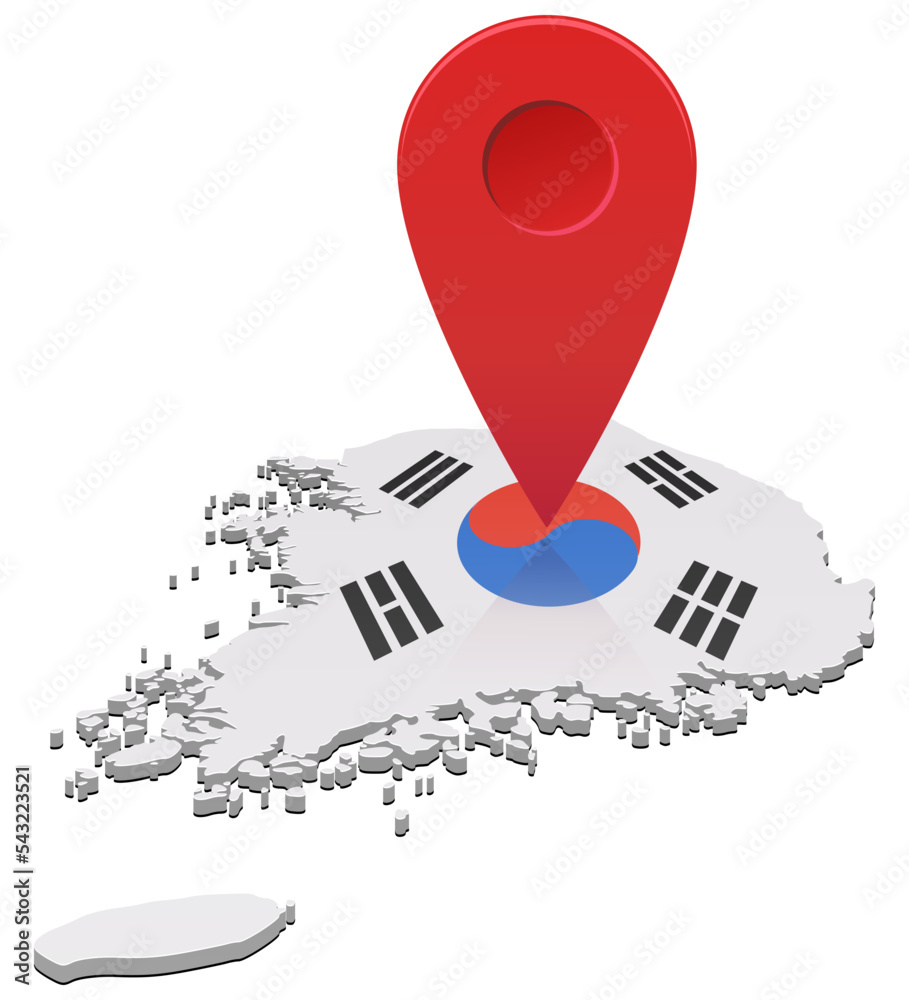 3D map of South Korea in the colors of the South Korean flag with a red location pointer of a ...