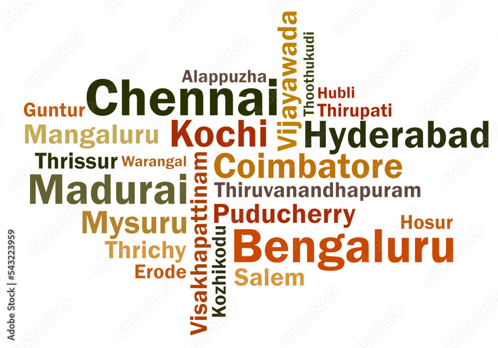 Colorful word cloud of South Indian Cities names Stock Vector | Adobe Stock