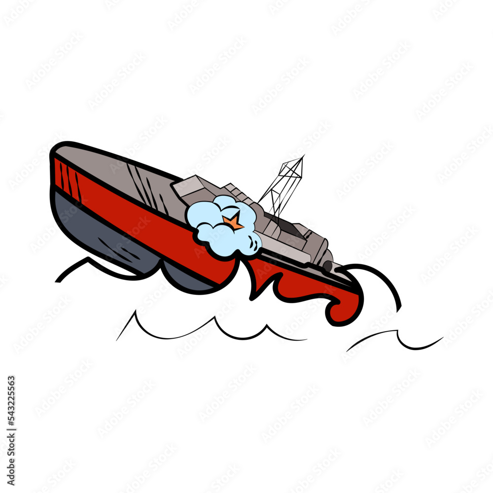 Comic book of warship sinking in sea cartoon illustration. Ship ...
