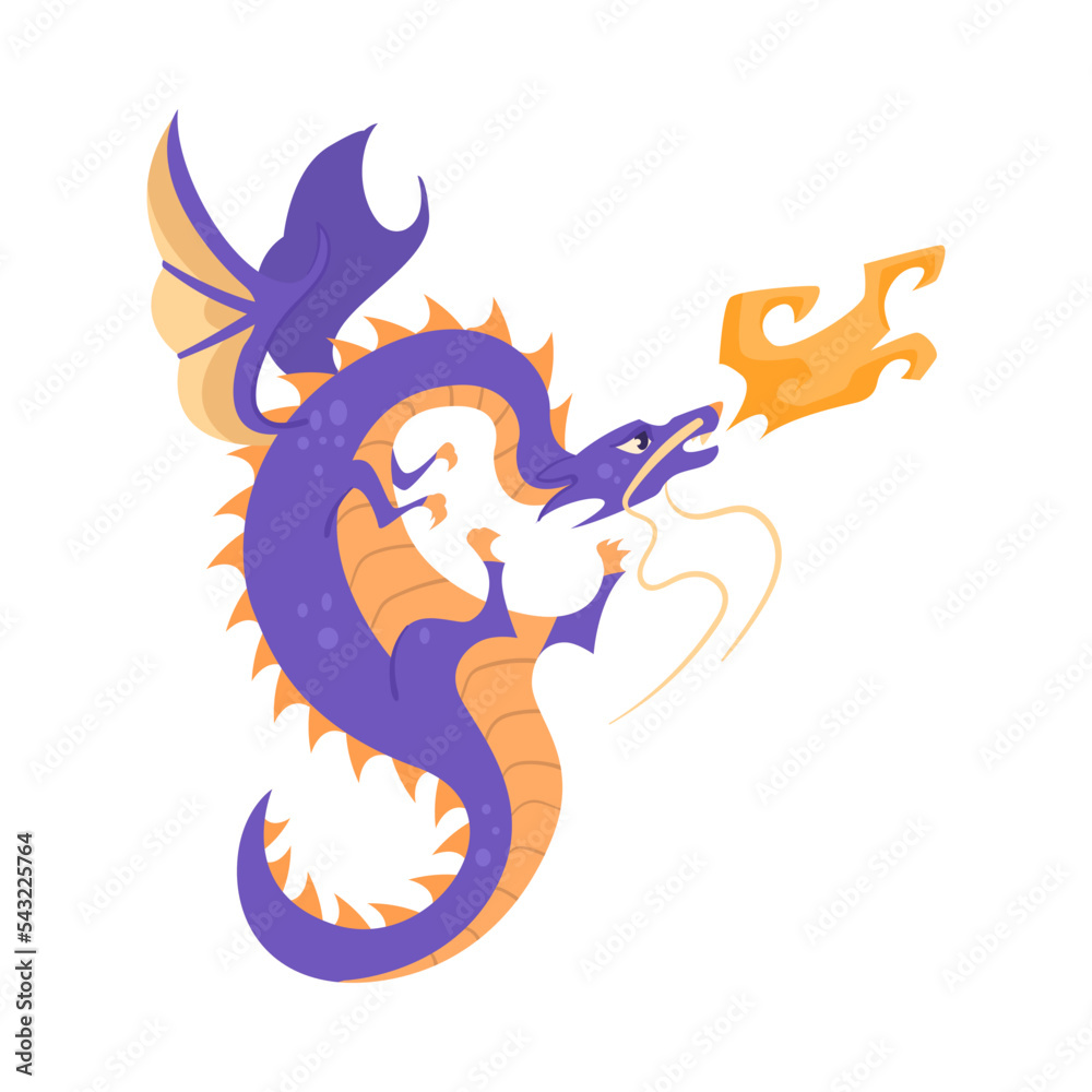 Purple dragon releasing fire cartoon illustration. Cute magical ...