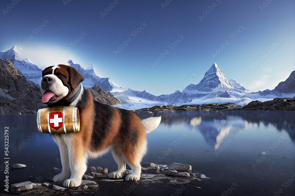 Saint Bernard rescue dog with a keg of brandy in a Swiss lake with ...