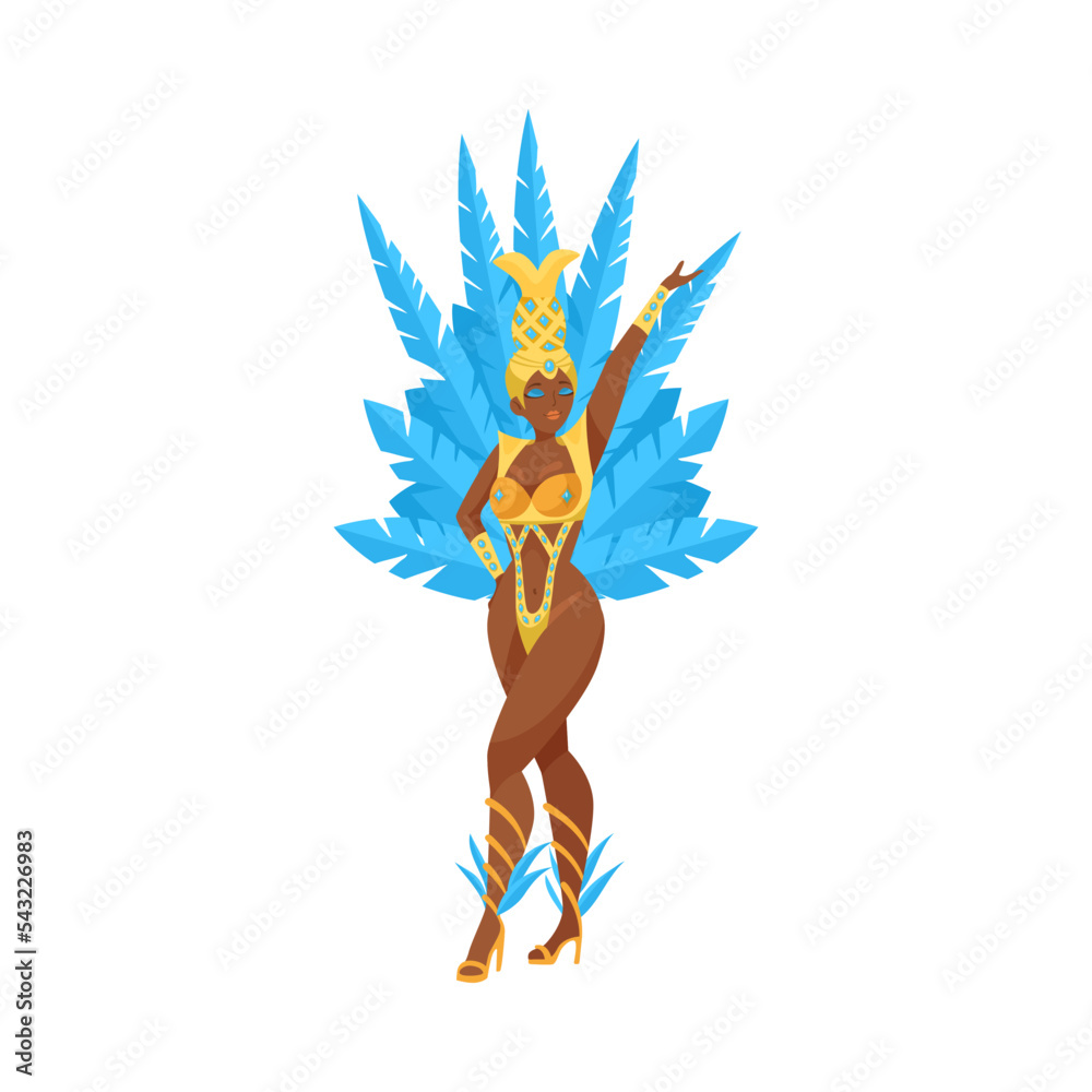 Beautiful samba dancer in blue and gold costume cartoon illustration ...