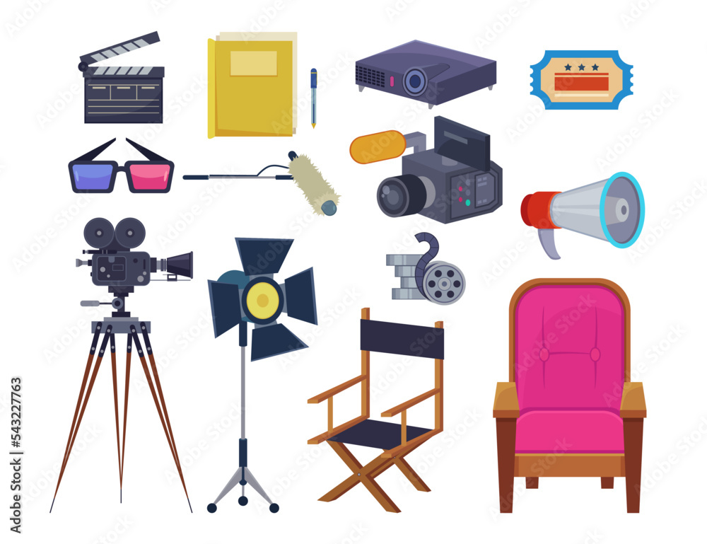 Equipment for filmmaking vector illustrations set. Elements of action ...