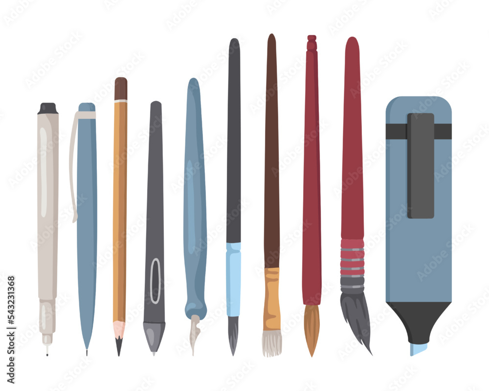 Different writing and drawing tools vector illustrations set ...