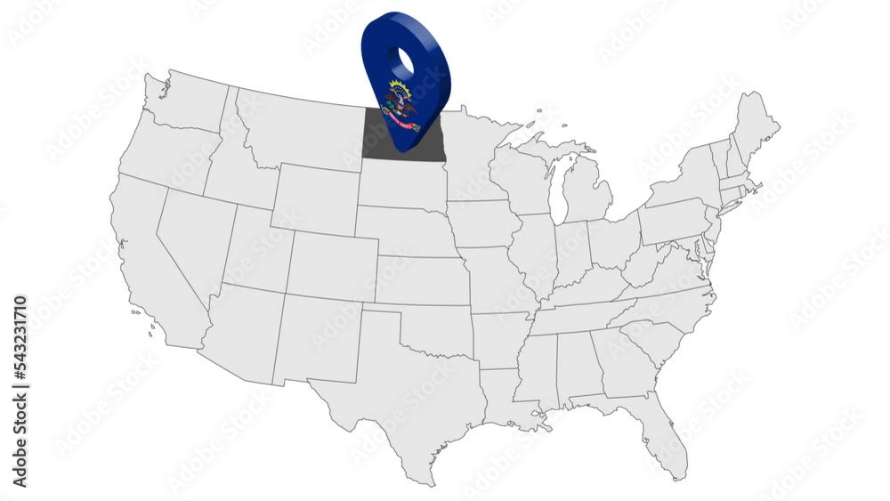 Location State of North Dakota on map USA. 3d State North Dakota flag map marker location pin ...