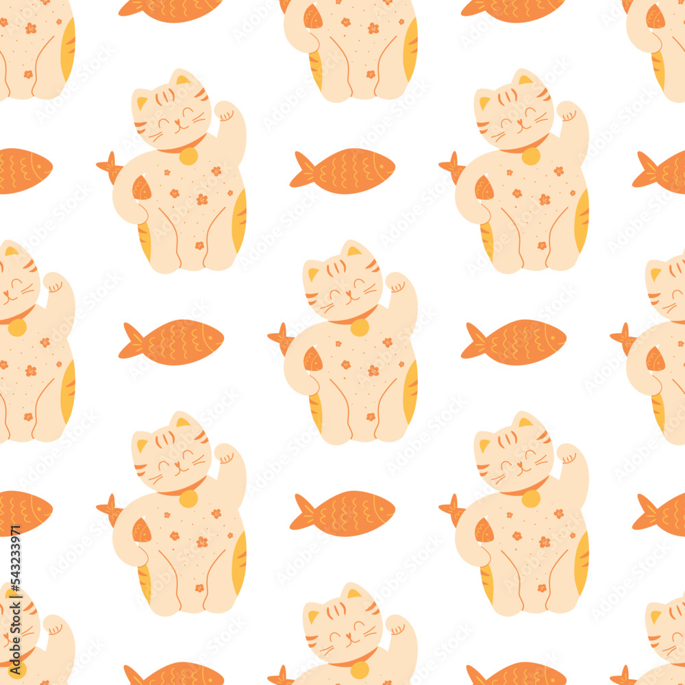 Maneki Neko pattern. Happy lucky cat seamless pattern. Symbol of lucky background. Repeated ...
