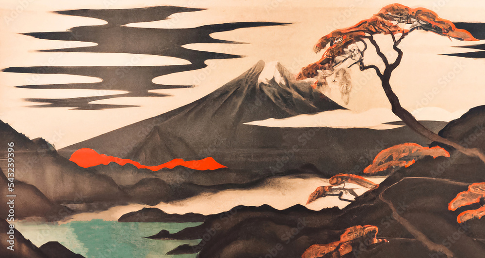 Volcano Mountain in japan with watercolor and ink illustration in style ...