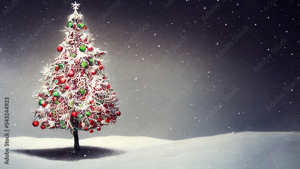 Hyper-realistic illustration of a decorated Christmas Tree in the snow ...