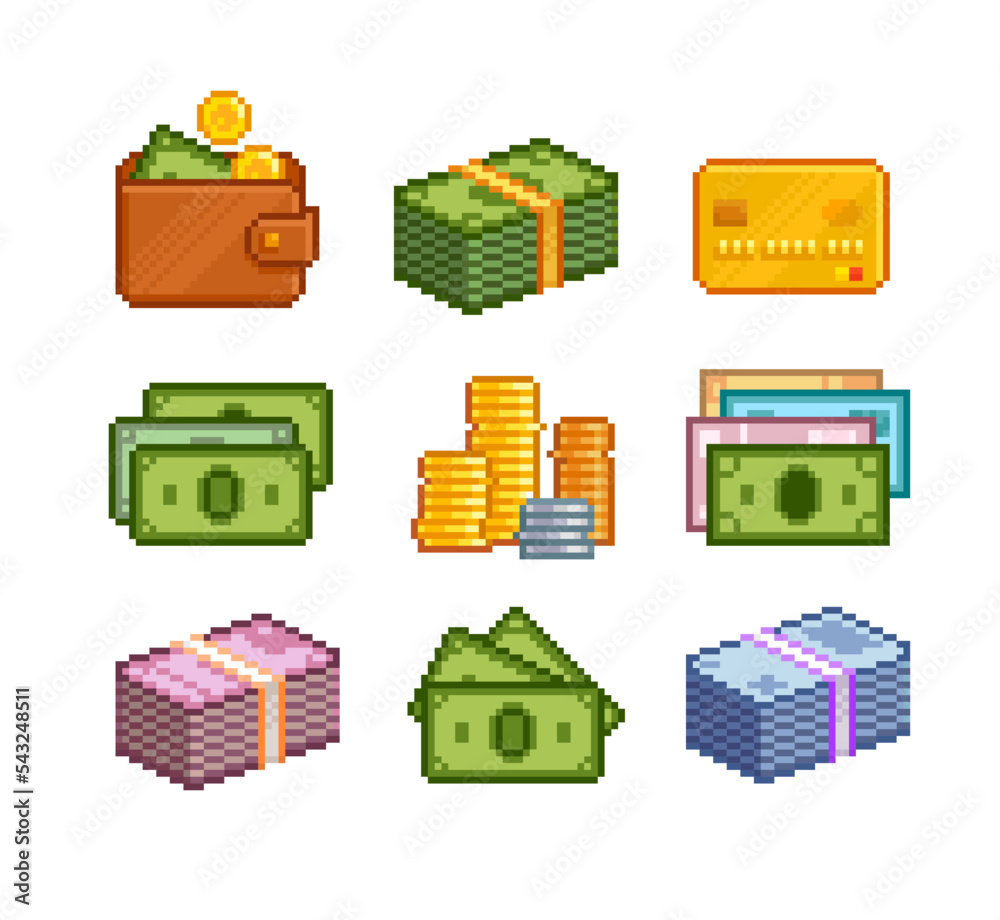 8-bit Pixel Art Cash Money icons set. Pixel Wallet with banknotes and ...