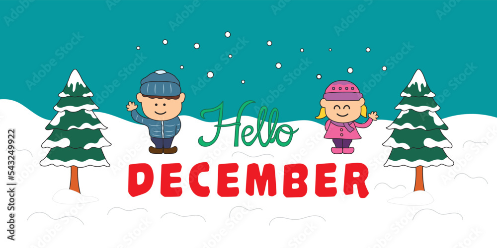 Vector kids drawing Hello december typography with children and pine ...