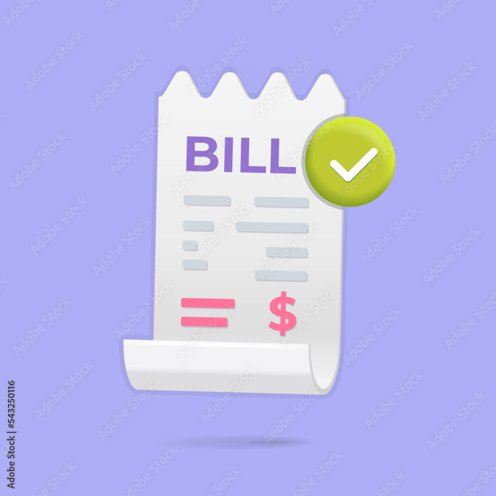 3d vector done, approved payed Energy, tax, purchase bill invoice icon ...