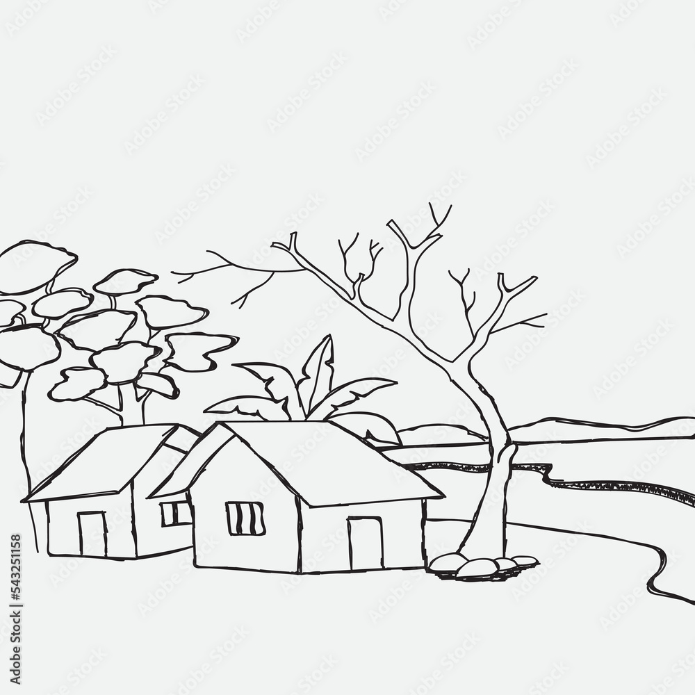 country house scenery illustration design sketch, hand drawn black line ...