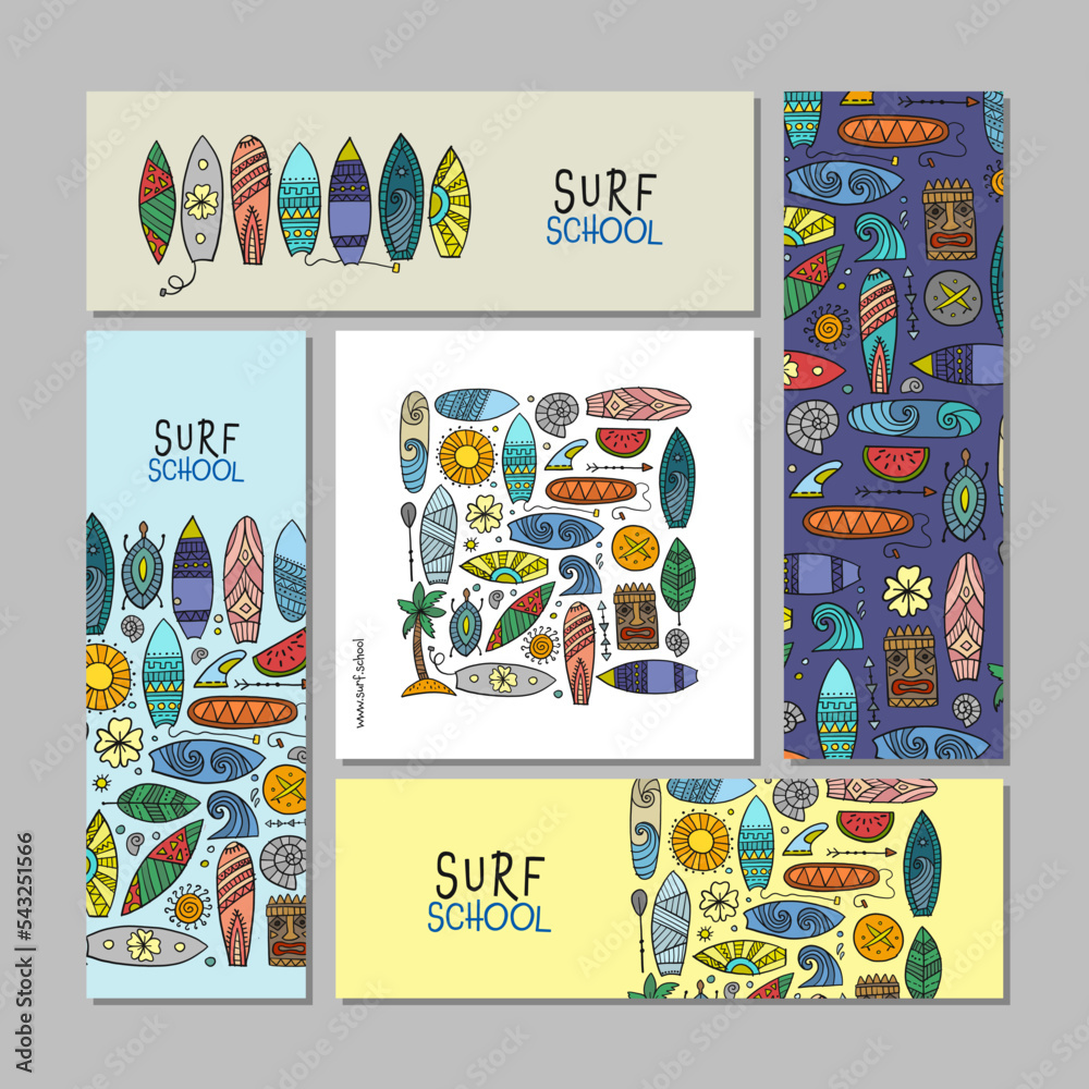 Surf boards collection, surfing time. Concept Art, frame and pattern ...