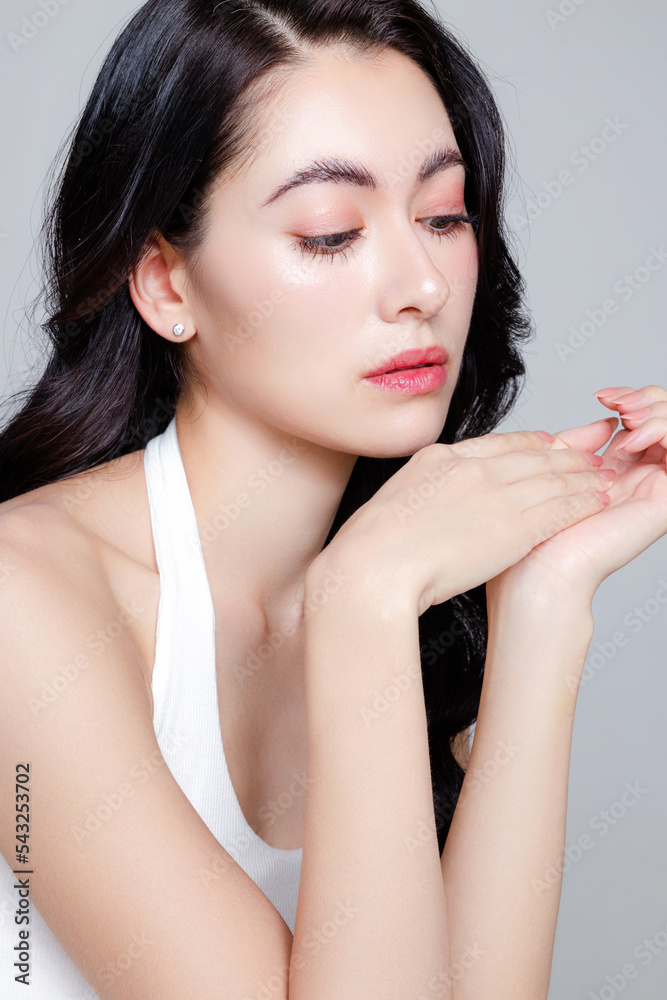 Close up of young woman with a beautiful face and Perfect clean fresh ...
