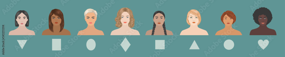 A set of different shapes of a female face.Portraits of girls of ...