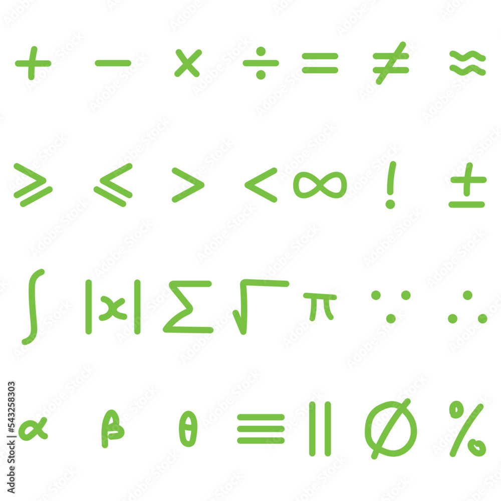 Basic symbols in mathematics. math symbol handwriting. Plus, minus ...