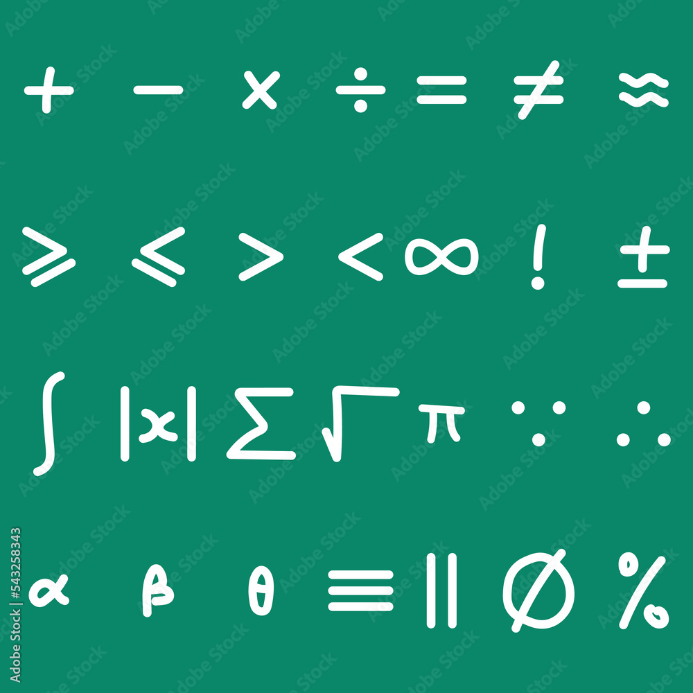 Basic symbols in mathematics. math symbol handwriting. Plus, minus ...