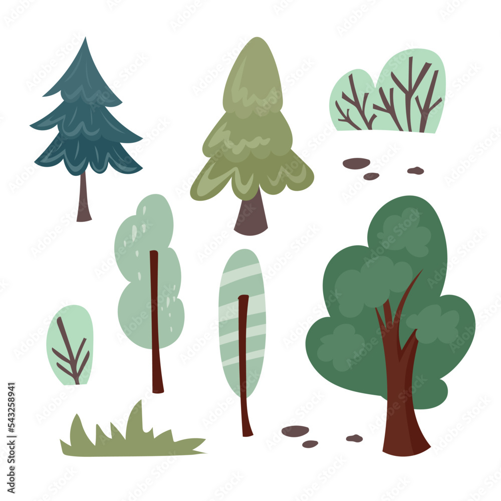 Big forest plants clipart vector collection. Hand drawn woodland trees ...