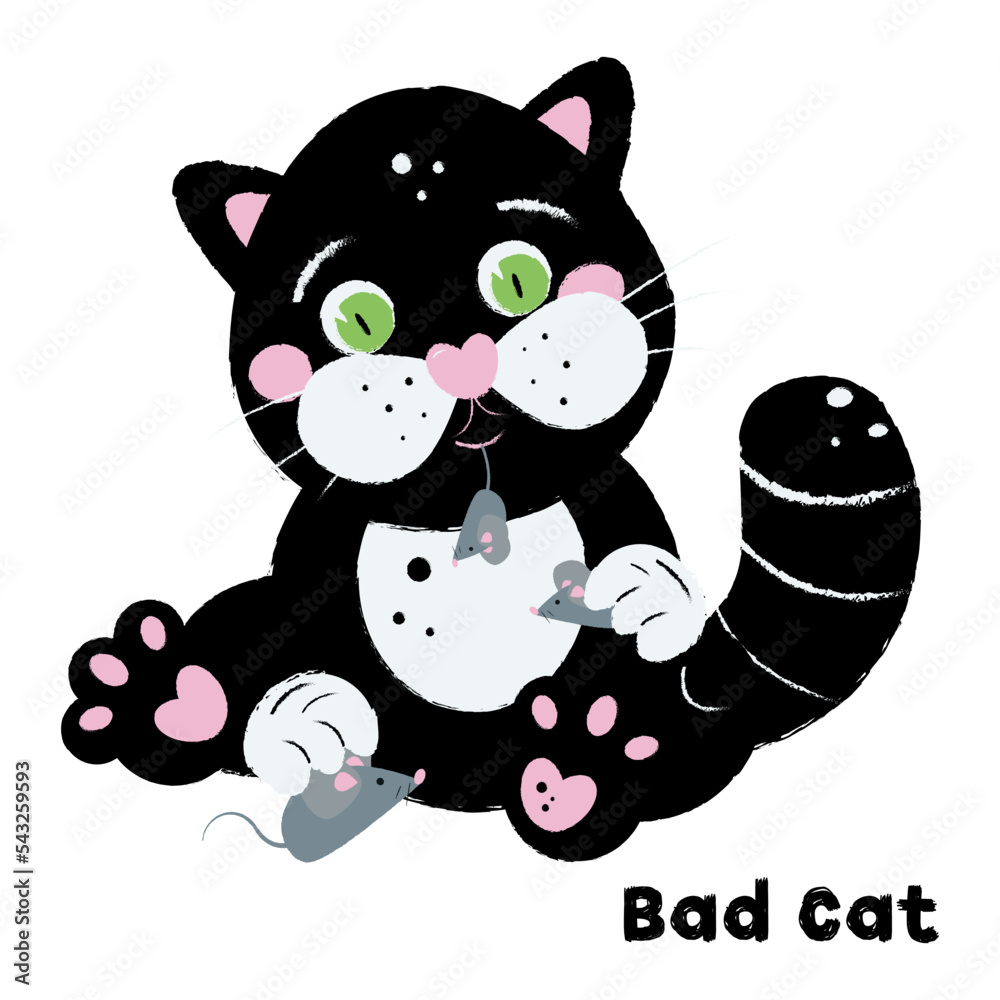 Vecteur Stock Black cat playing with a mouse. Bad Cat. The cat caught ...