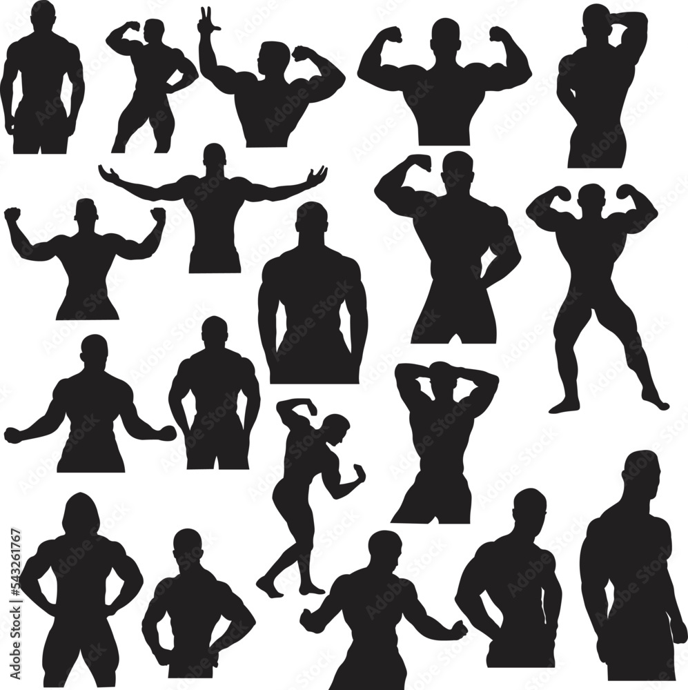 Digital illustration set of silhouettes of fit men on a white ...
