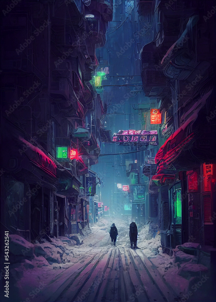 cyberpunk post-apocalyptic dystopian winter city , narrow street, neon ...