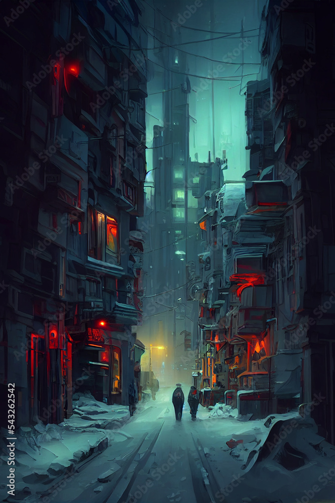 cyberpunk post-apocalyptic dystopian winter city , narrow street, neon ...
