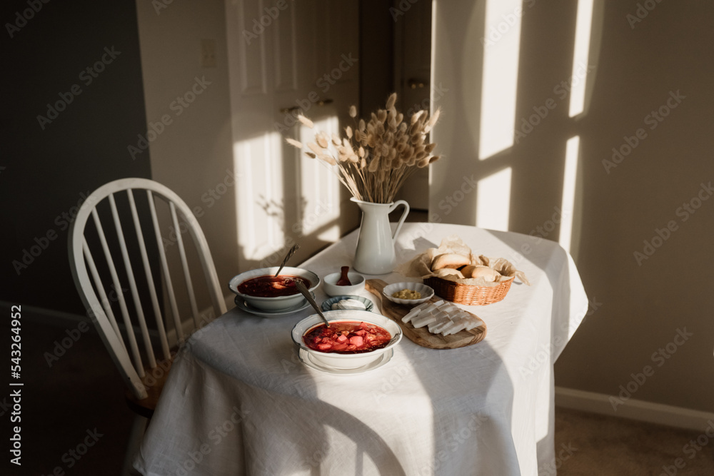 Borsch - Ukrainian national dish. Ukrainian cuisine - salo, onion ...