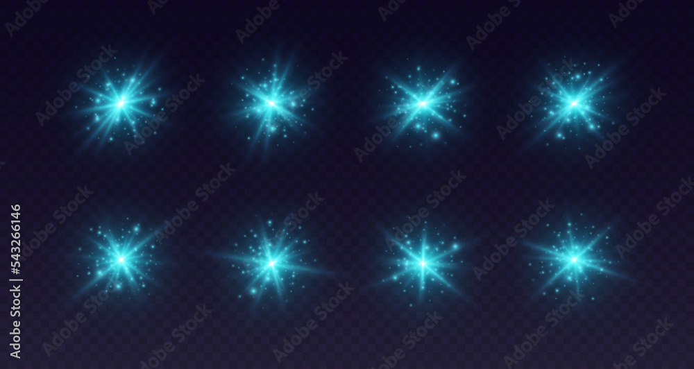 Lens flares with sparkles, blue starbursts set, shiny camera flashes ...
