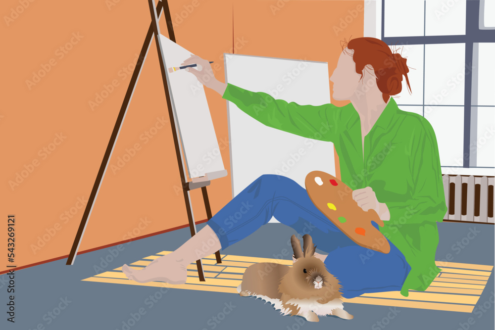 Girl sitting on floor with pet lionhead rabbit near window painting on ...
