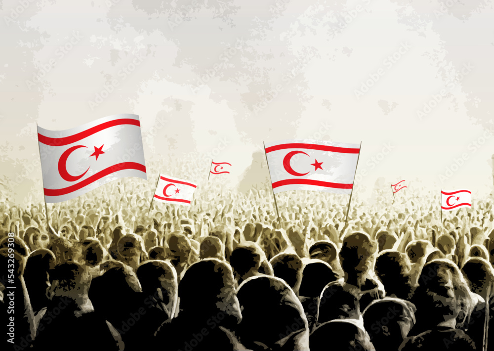 Crowd with the flags of Northern Cyprus, people cheering national team ...