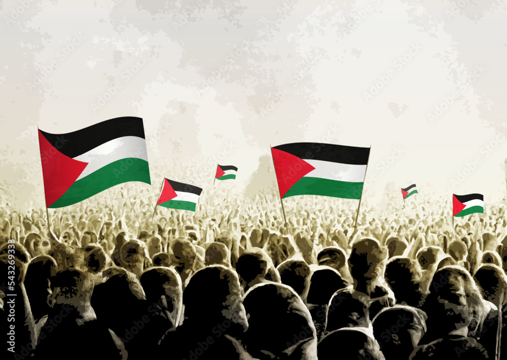 Vetor de Crowd with the flags of Palestine, people cheering national ...