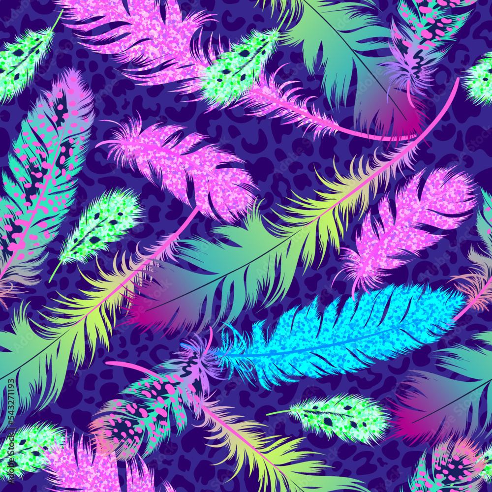 Seamless pattern of ethnic bright feathers. Vector illustration in boho ...