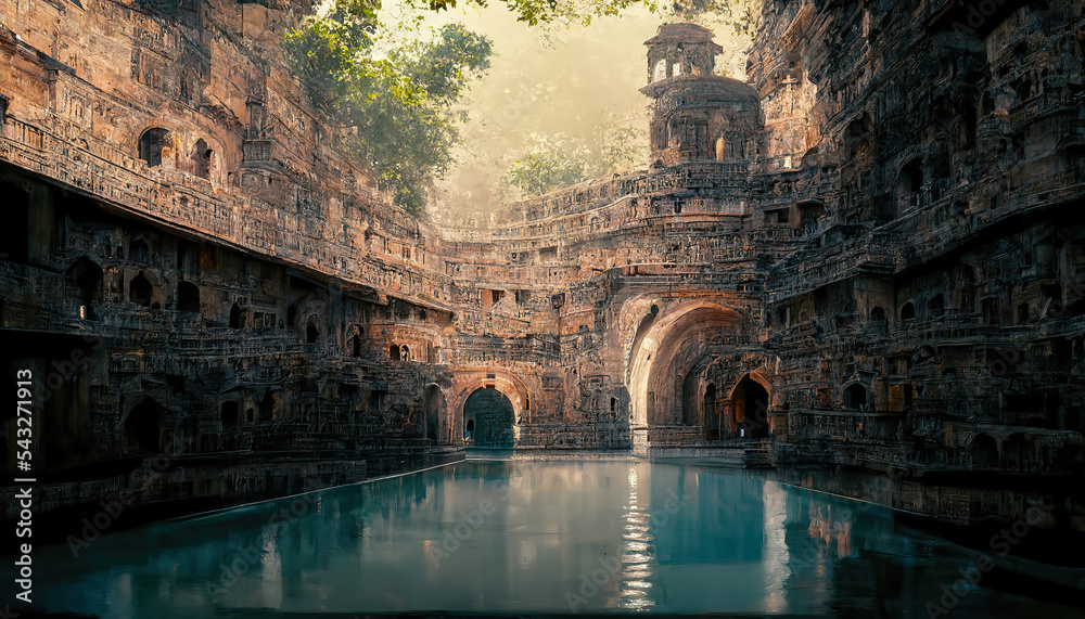 AI generated image of an ancient mystical stepwell in India Stock ...