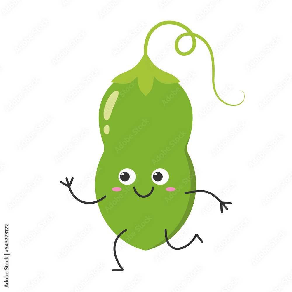 Character cartoon green pea pod running cute smiling face cheerful ...
