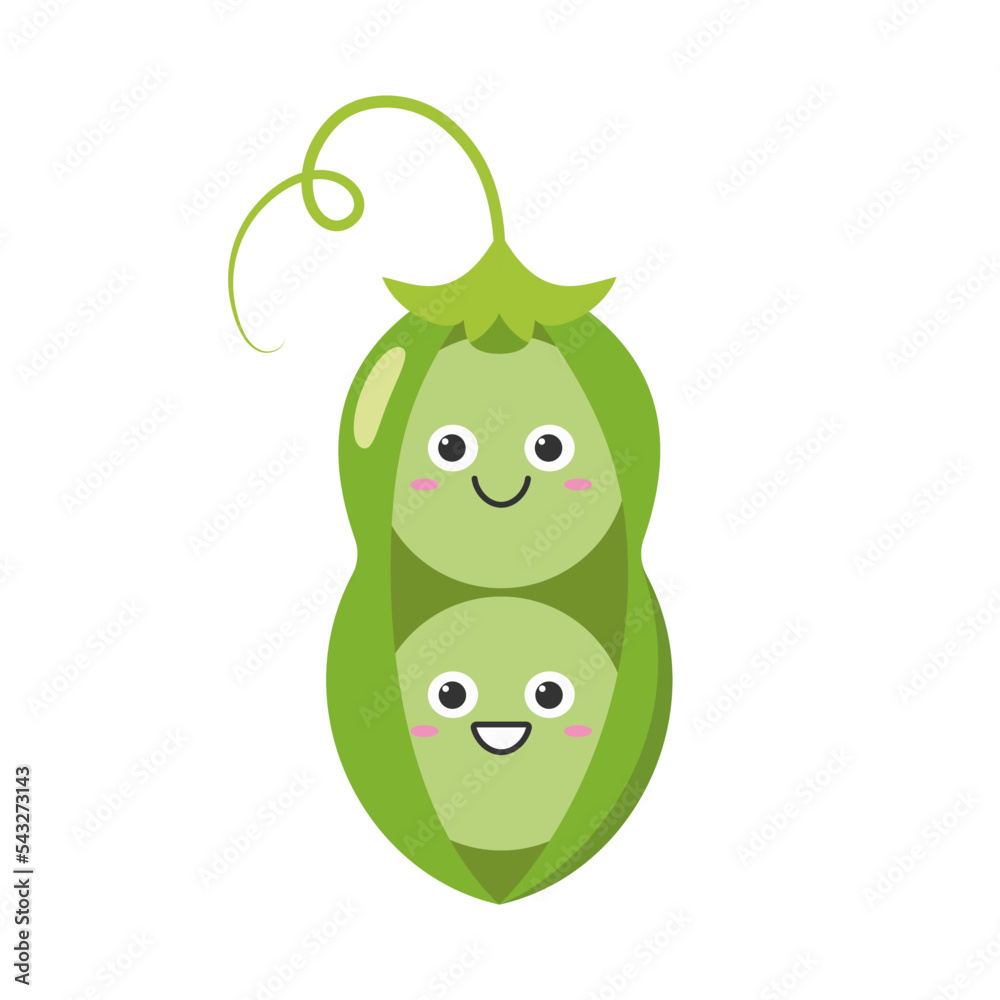 Character cartoon green pea pod cute smiling face cheerful kawaii joy ...