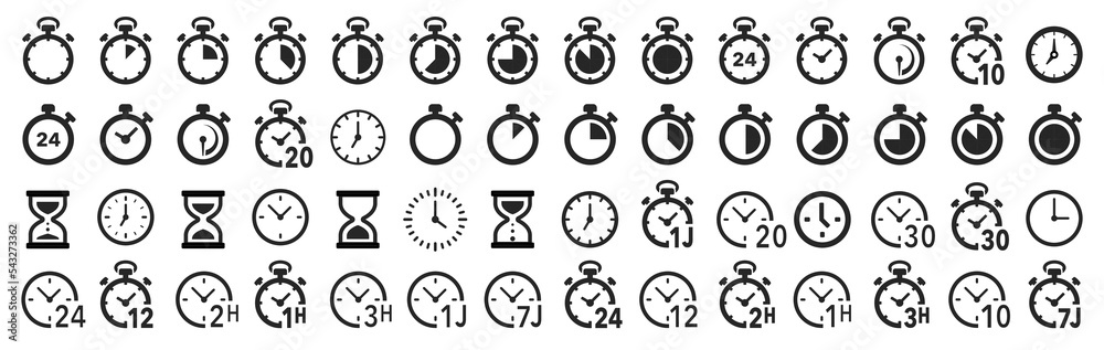 Timer and clock icon set. Time symbol flat icon. Stopwatch, timer ...
